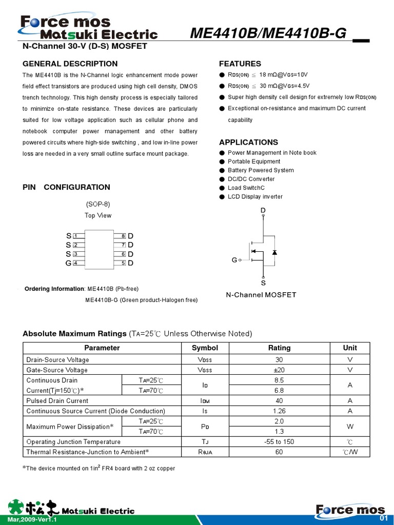 ME4410B/ME4410B-G: N-Channel 30-V (D-S) MOSFET | PDF | Field Effect ...