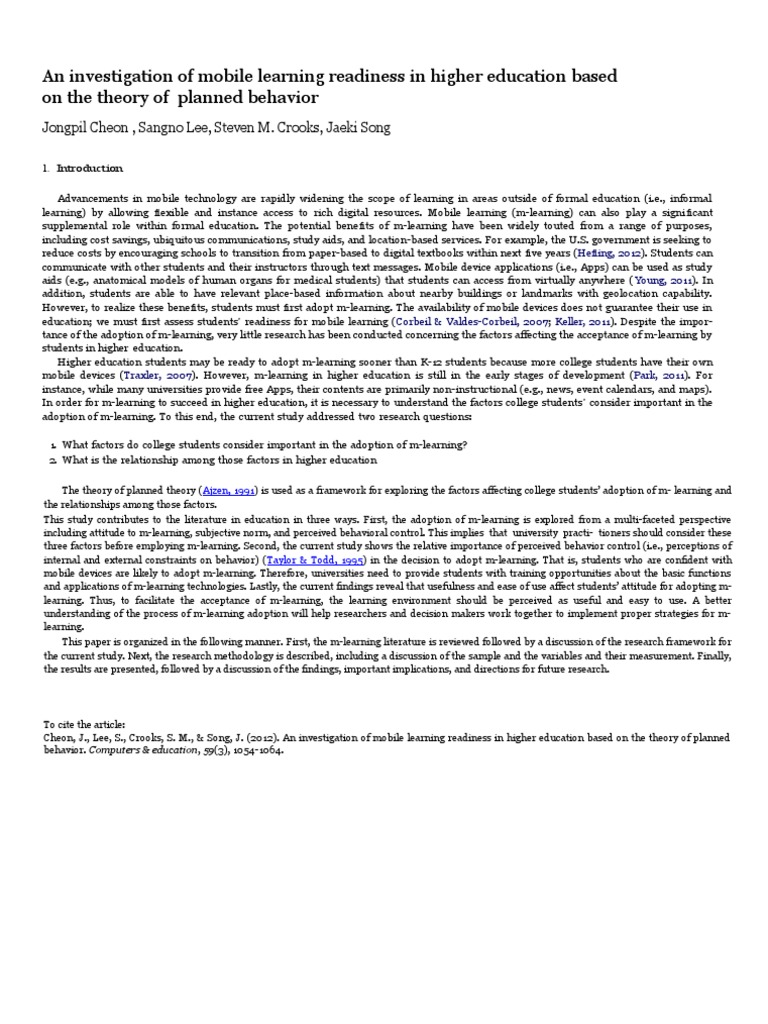 An Investigation of Mobile Learning Readiness in Higher Education Based ...