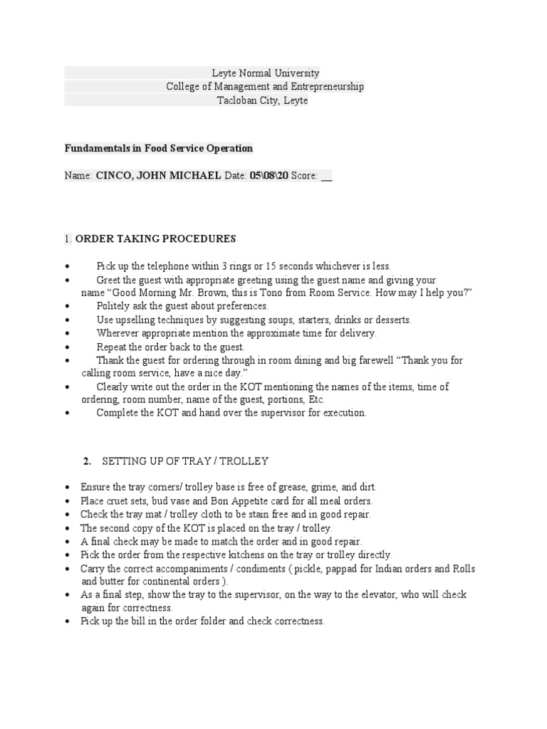 Fundamentals in Food Service Operation | PDF | Business