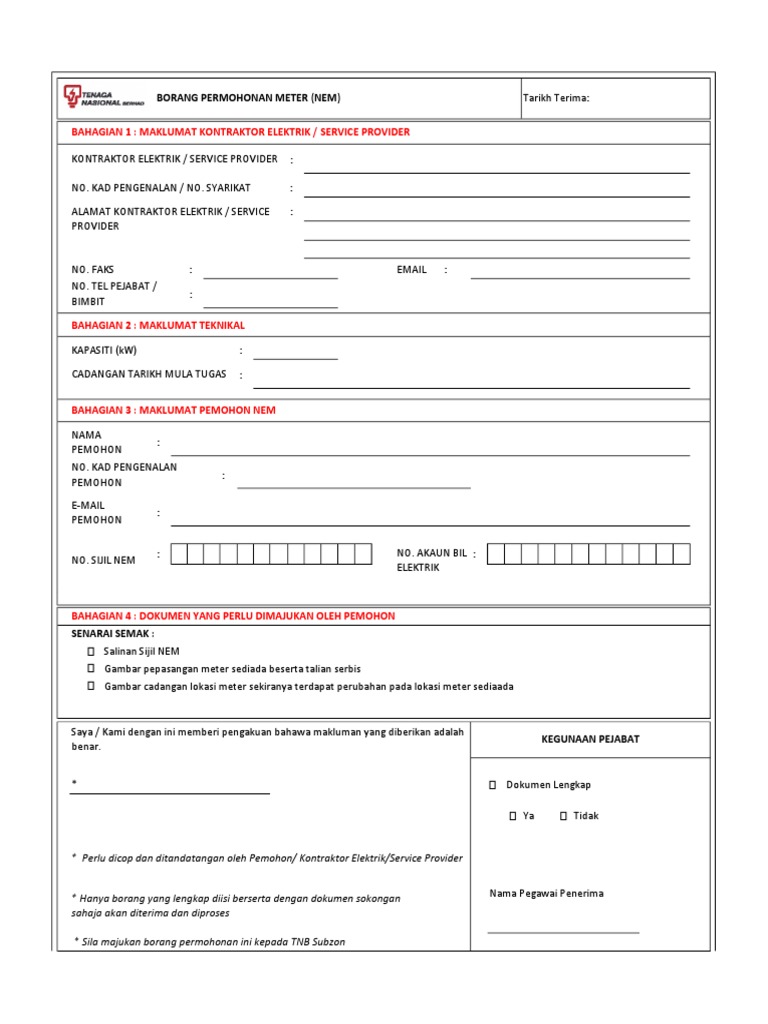 NEM Meter Application Form | PDF