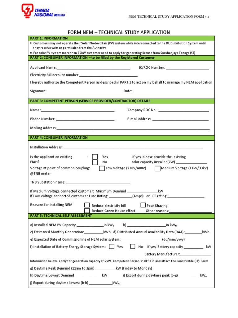 NEM Technical Study Application Form | PDF | Photovoltaics ...