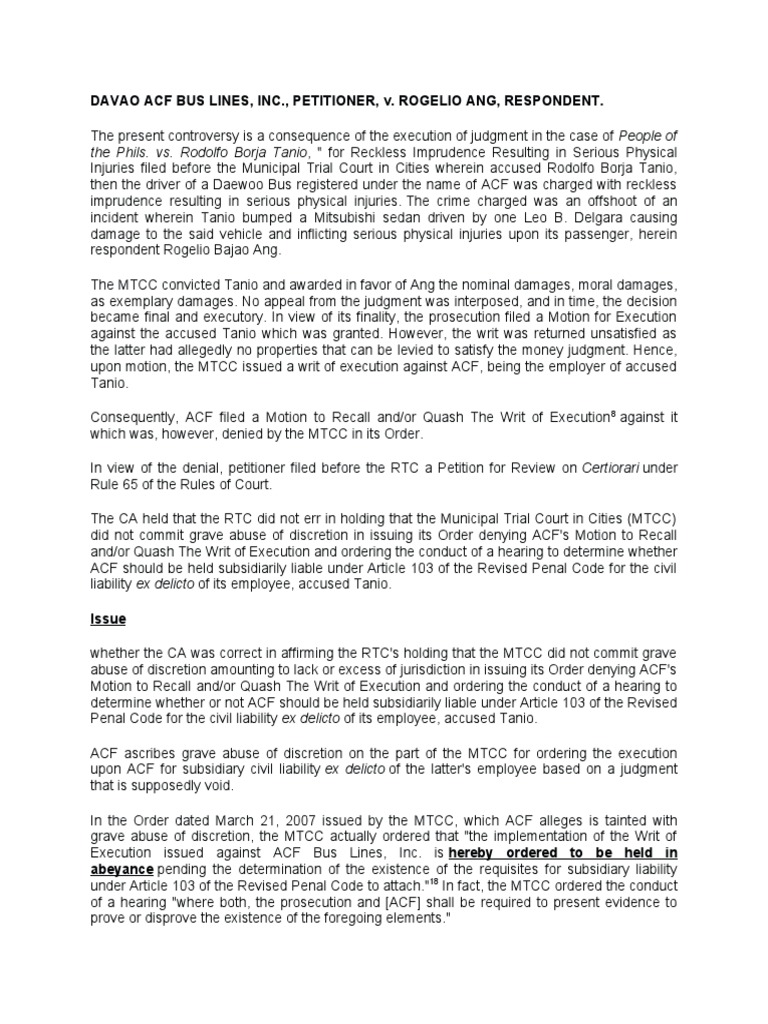 Davao ACF Bus Lines vs. Ang | PDF | Judgment (Law) | Certiorari