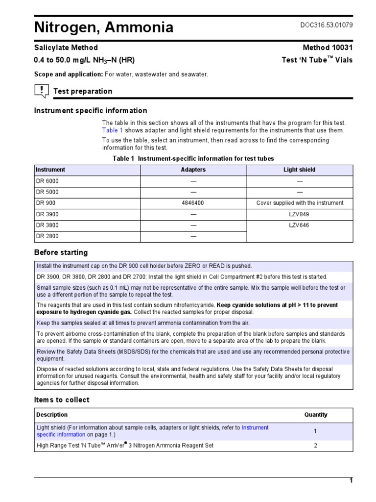 Nitrogen, Ammonia: Salicylate Method Method 10031 0.4 To 50.0 MG/L NH ...