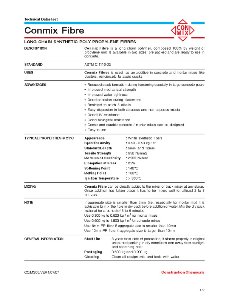 Conmix Fibre: Long Chain Synthetic Poly Propylene Fibres | PDF | Fibers ...