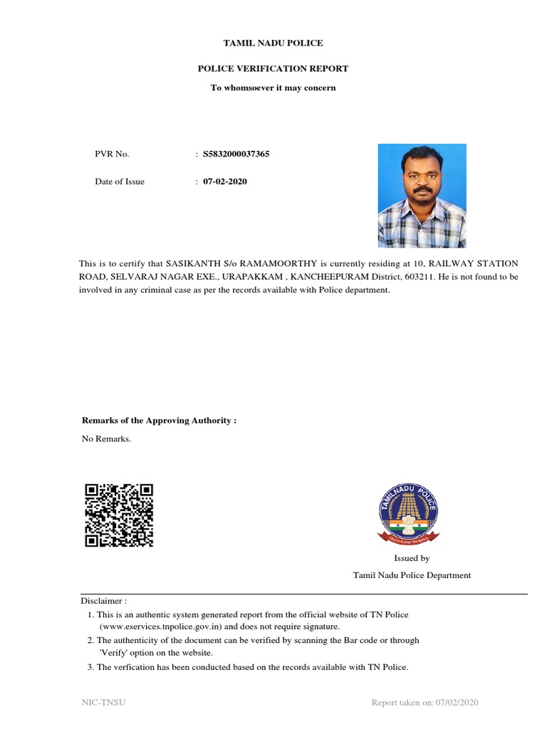 Tamil Nadu Police Verification Report | PDF