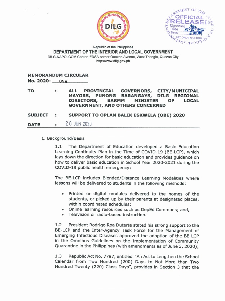 DILG Memo Circular 2020-096 | PDF