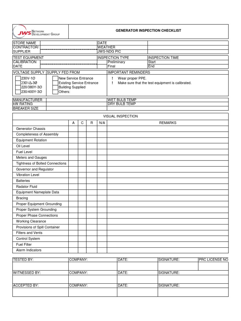 Generator Inspection Checklist: Etwork Evelopment Roup | PDF | Electric ...