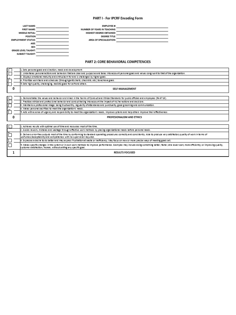 PART I - For IPCRF Encoding Form: C He CK B Ox 3 C H e CK B o X 3 CH Eck Bo x3 | PDF | Goal ...