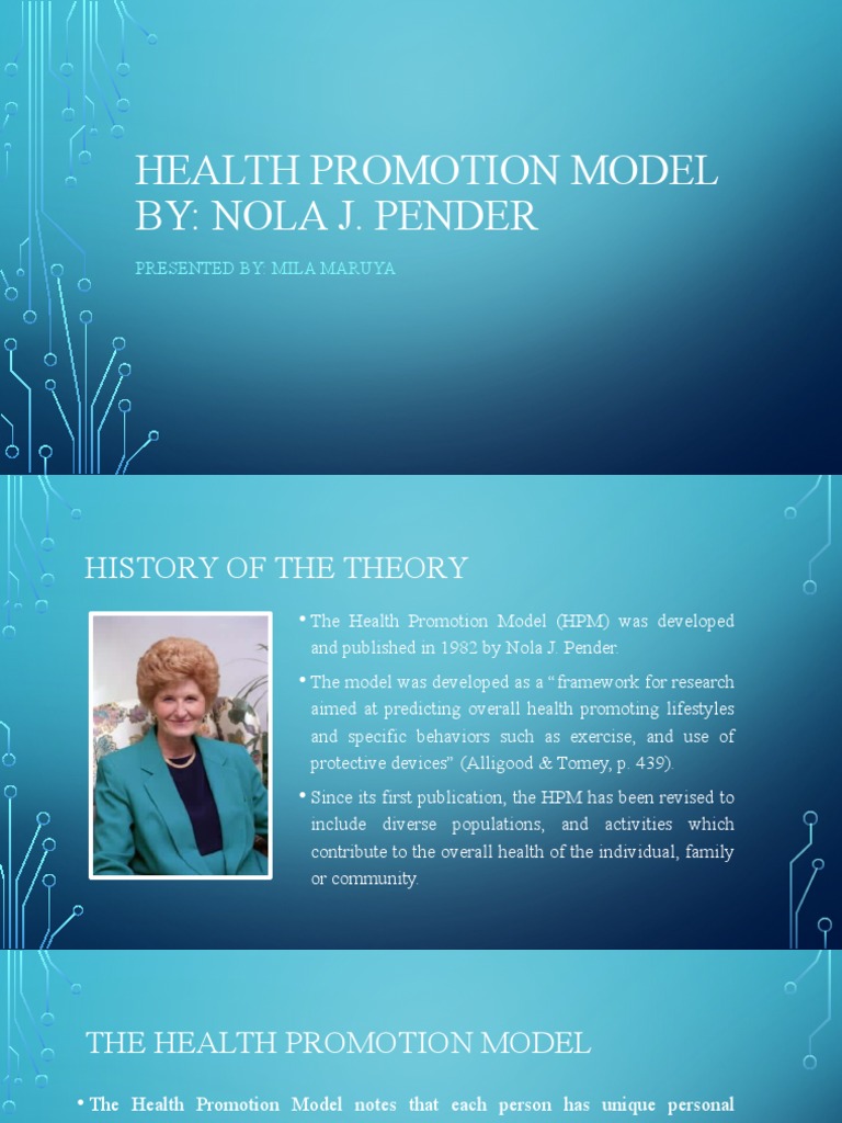 Health Promotion Model By: Nola J. Pender: Presented By: Mila Maruya ...