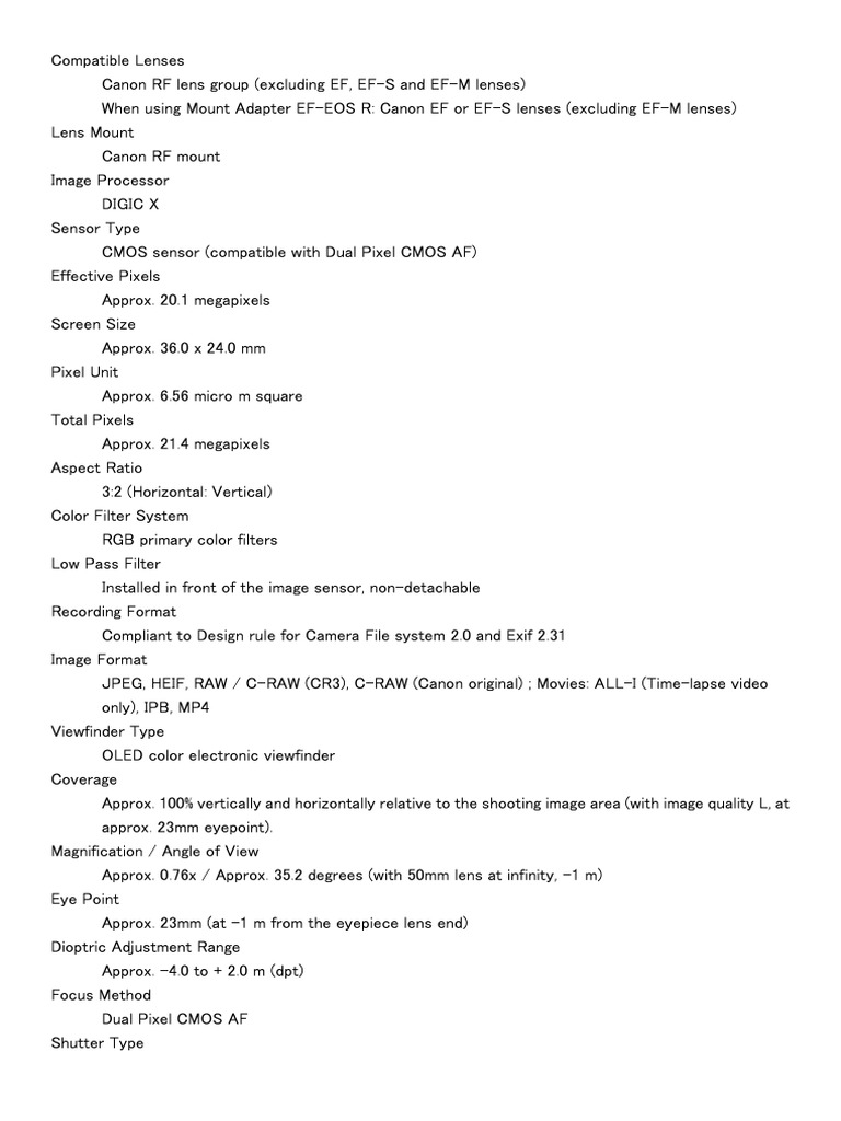 Canon EOS R6 Specification PDF Pixel Shutter Photography 