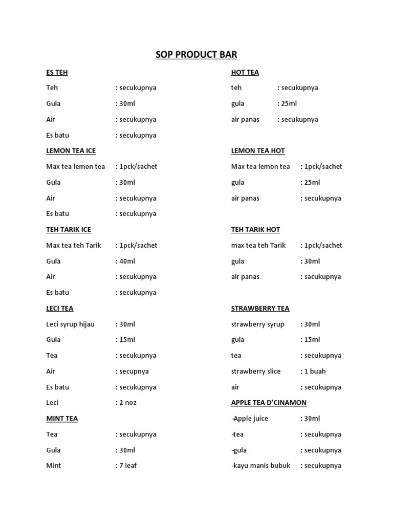 Sop Product Bar | PDF | Drink | Non Alcoholic Drinks