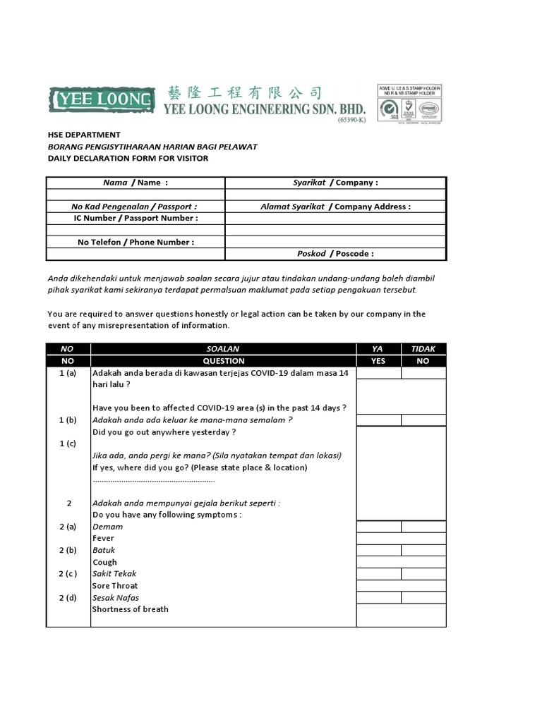 Hse Department Daily Declaration Form For Visitor: Borang ...