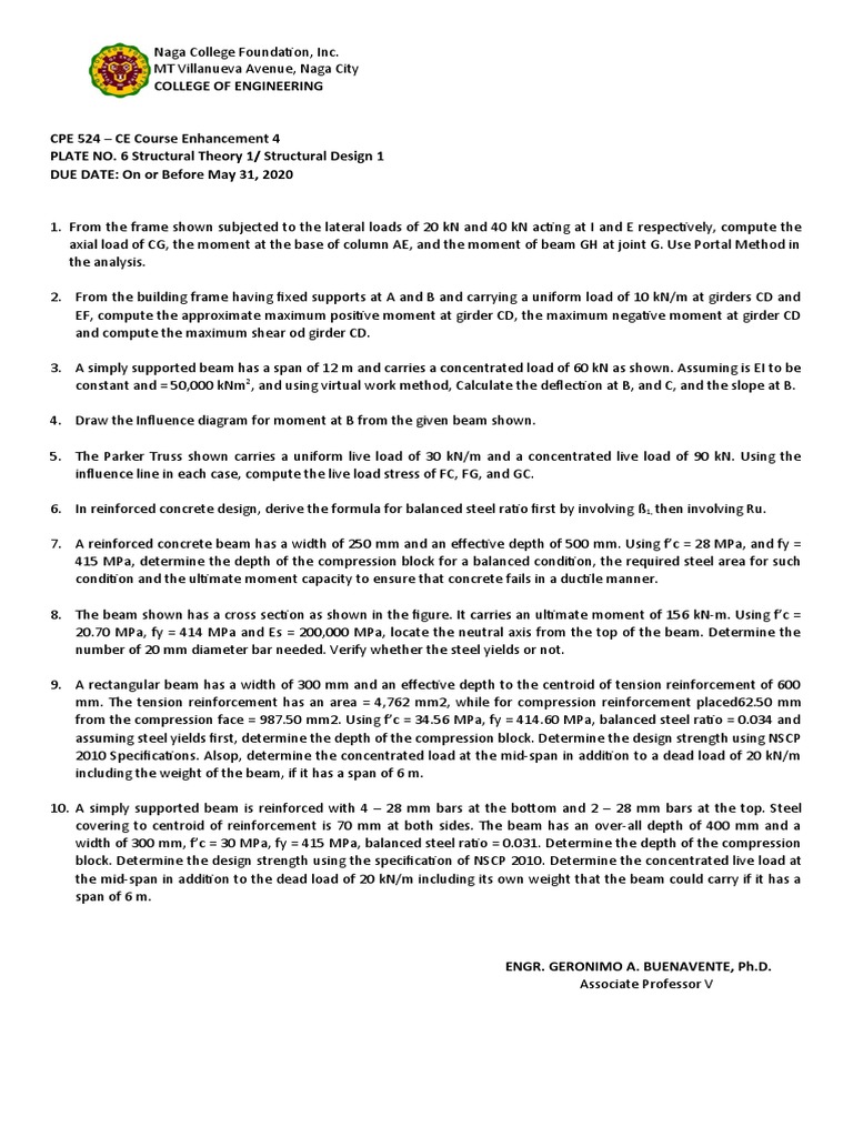 CPE 524 PLATE NO. 6 Theory 1 & Structural Design 1 | PDF | Beam ...