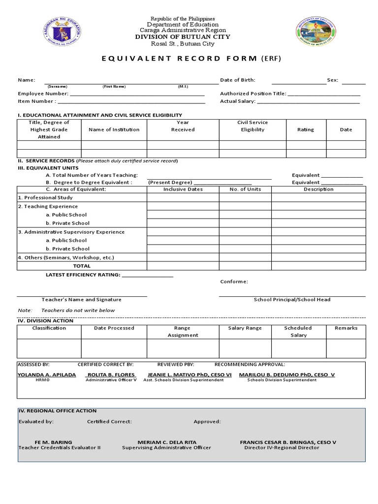 Equivalent Record Form (Erf) : Division of Butuan City | Download Free ...