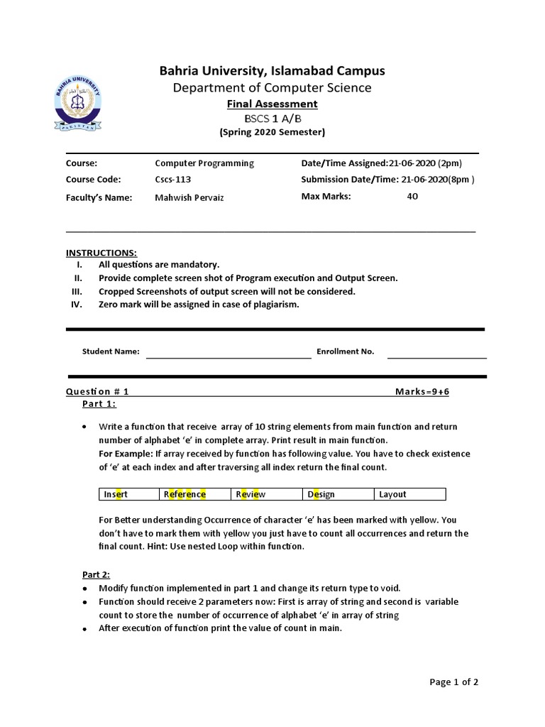 Computer Programming Final Exam | PDF | Subroutine | Array Data Structure