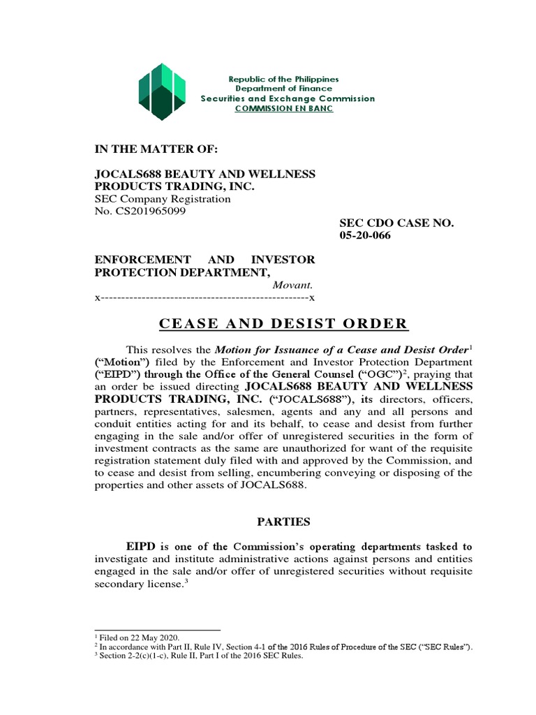 Cease and Desist Order SEC | PDF | Securities (Finance) | U.S ...