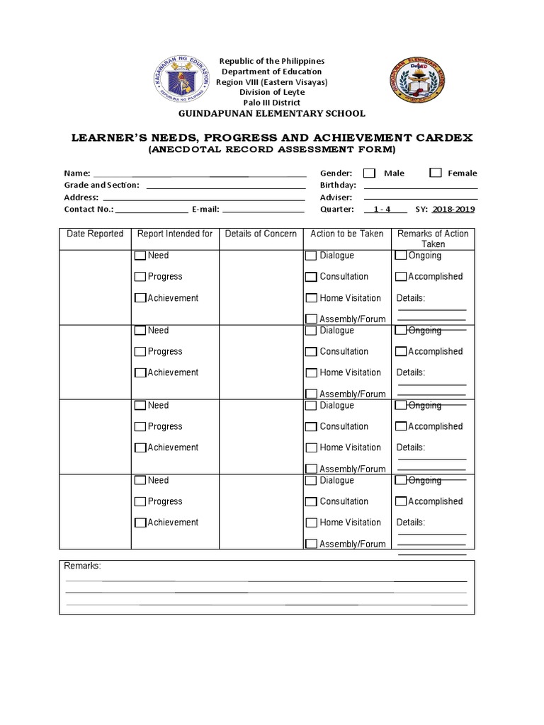 Learner's Needs, Progress and Achievement Cardex (Anecdotal Record ...