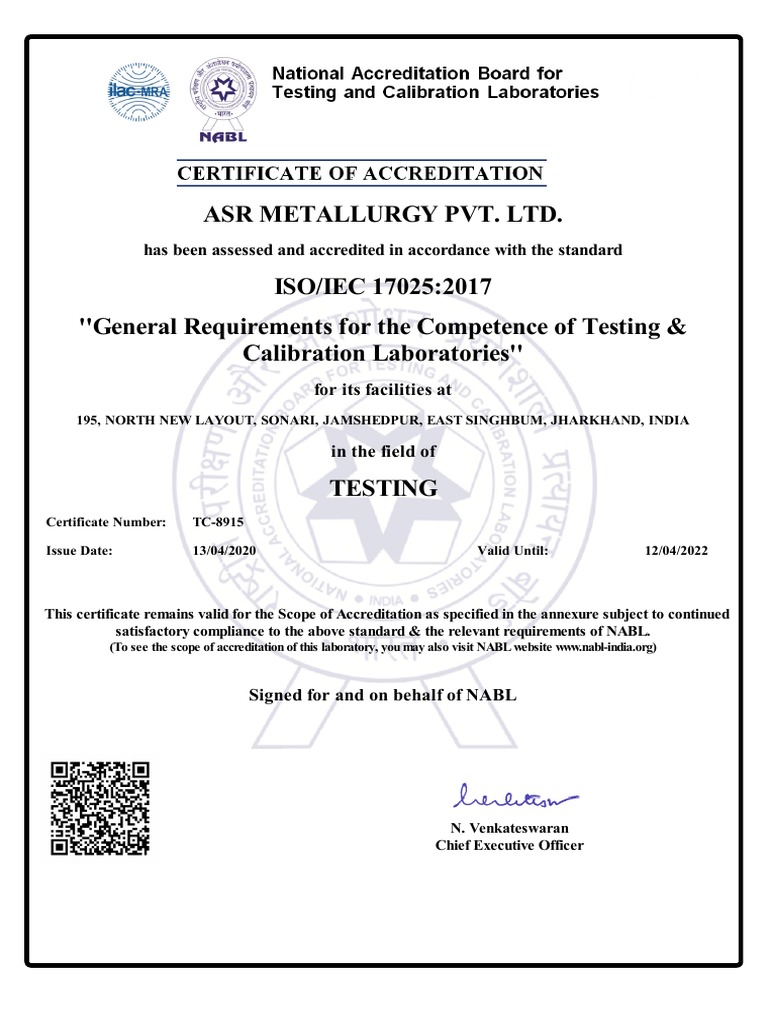 ASR - NABL Certificate TC-8915 | PDF