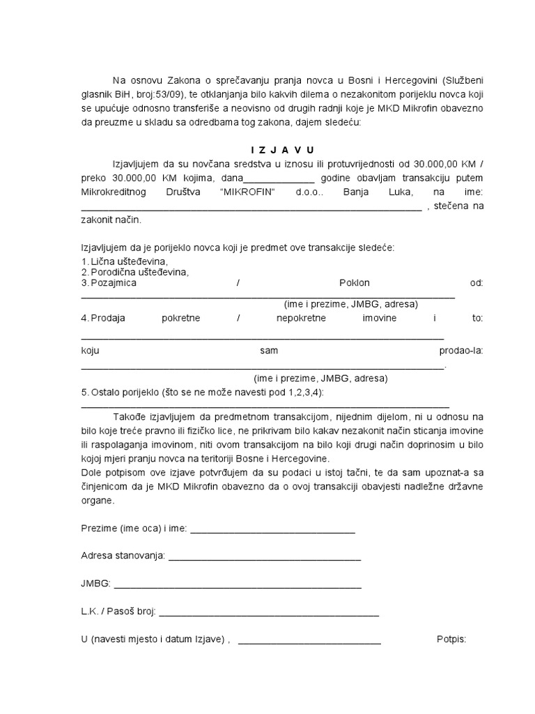 Pranje Novca - Izjava | PDF