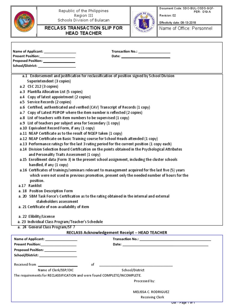 Reclass Transaction Slip For Head Teacher: Name of Office: Personnel ...