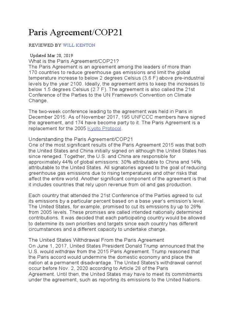 Paris Agreement On Climate Change | PDF | United Nations Framework ...