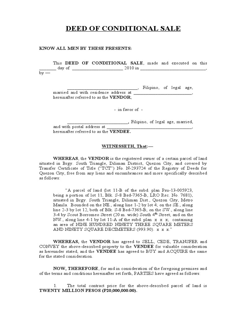 Deed of Conditional Sale Sample | PDF | Deed | Taxes