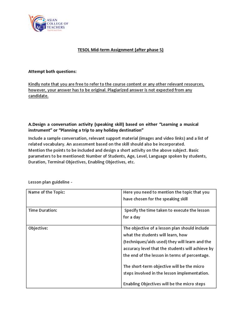TESOL Mid-Term Assignment (After Phase 5) | PDF | Lesson Plan ...