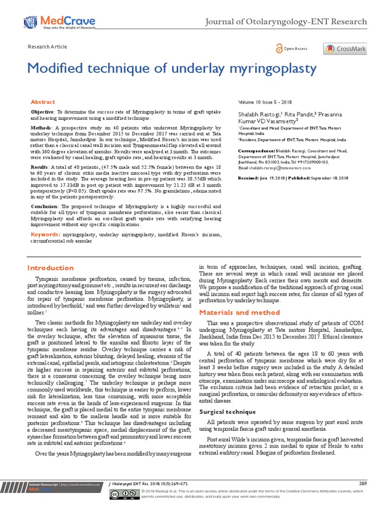 Modified Technique of Underlay Myringoplasty: Journal of Otolaryngology ...