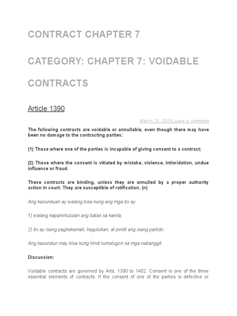 Contract Chapter 7 Category: Chapter 7: Voidable Contracts: Article 1390 | PDF | Annulment ...