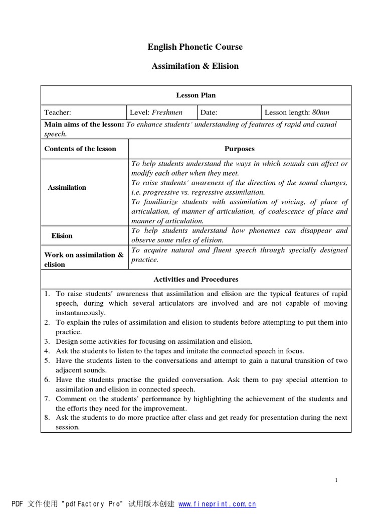 English Phonetic Course Assimilation & Elision: Lesson Plan | PDF
