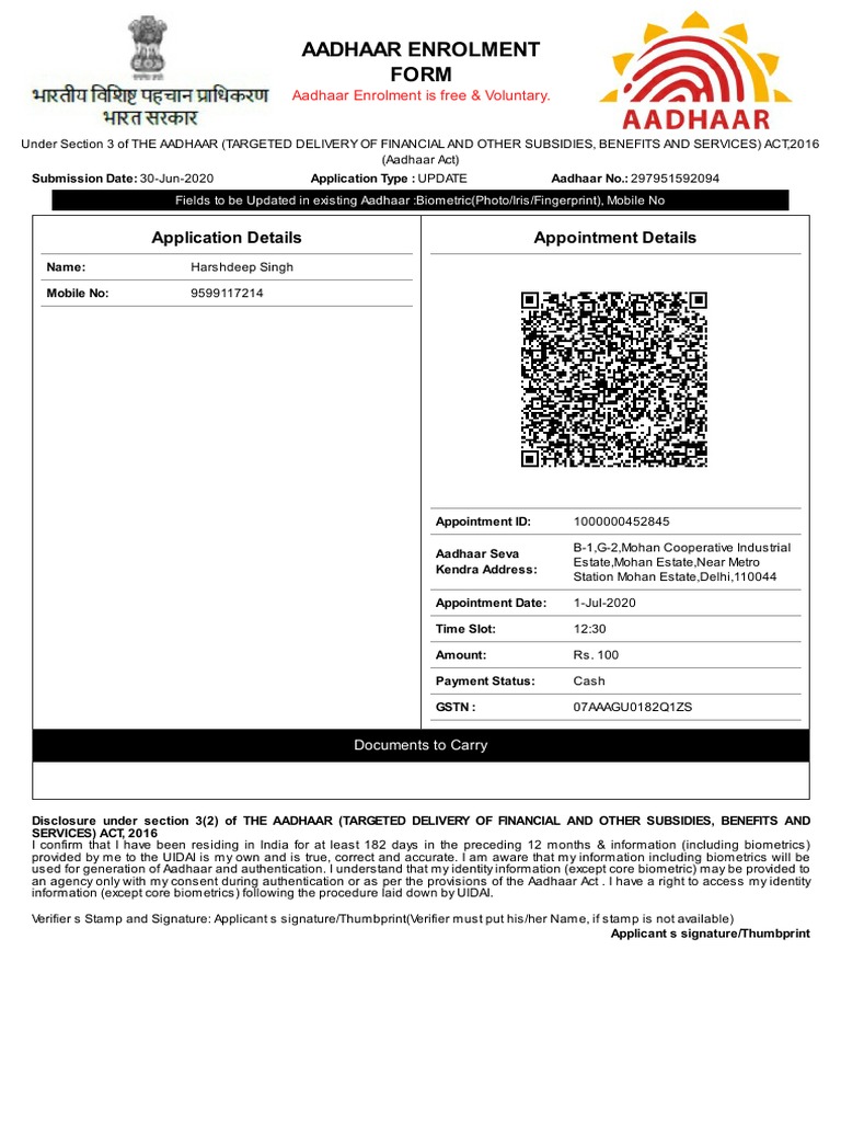 Aadhaar Enrolment Form: Application Details Appointment Details | PDF ...