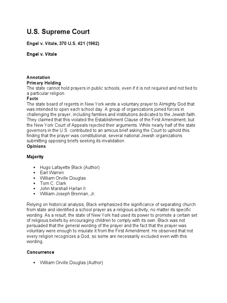 Engel v. Vitale 370 U.S. 421 1962 | PDF | Law | Religion & Spirituality