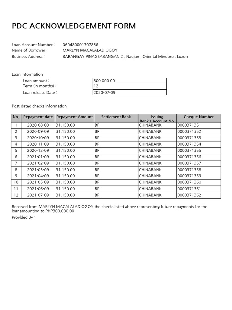 PDC Acknowledgement for Loan Repayment | PDF | Business | Finance ...