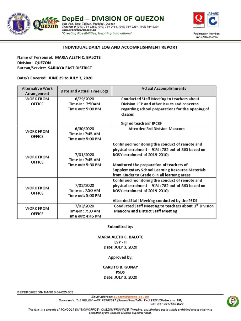 Deped - Division of Quezon: Individual Daily Log and Accomplishment ...