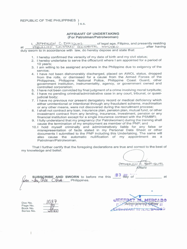 Sample Affidavit of Undertaking | PDF