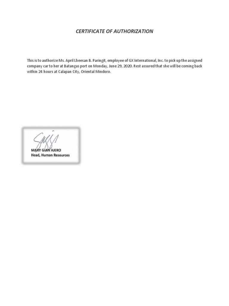 Sample Certificate of Authorization | PDF