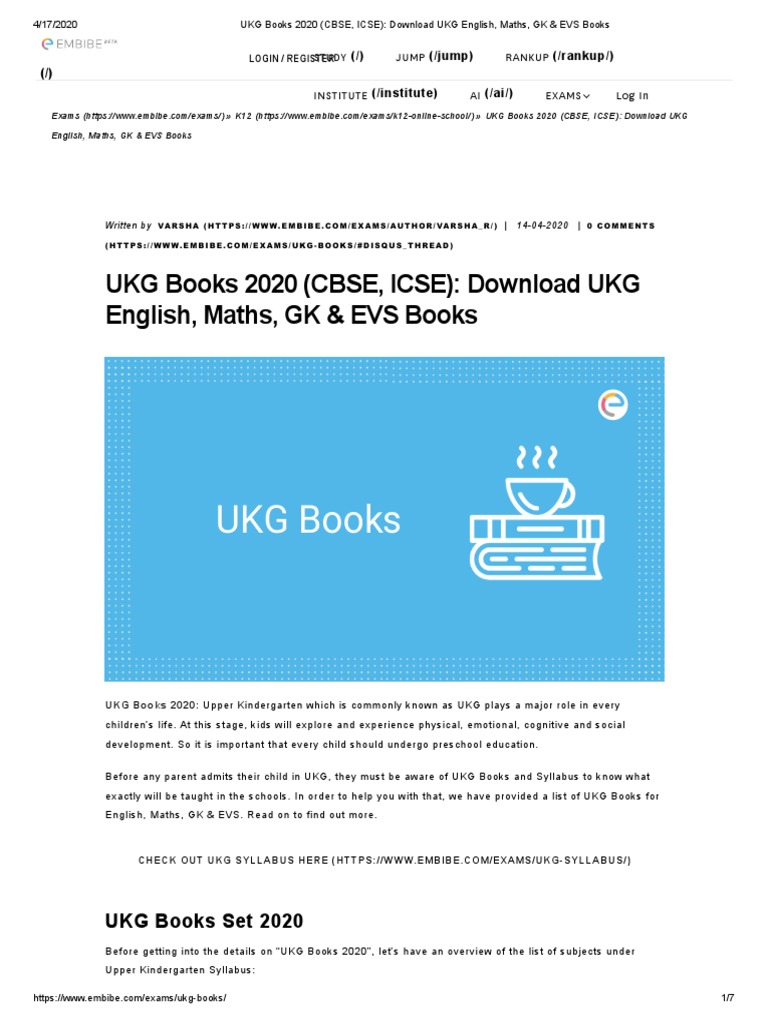 UKG Books 2020 (CBSE, ICSE) - Download UKG English, Maths, GK & EVS ...