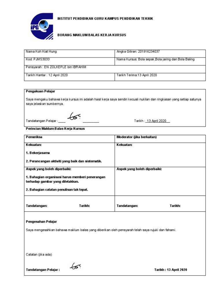 BORANG LOH WEI SEN MAKLUM BALAS KERJA KURSUS 2020 (Koh Kiat Hung) | PDF