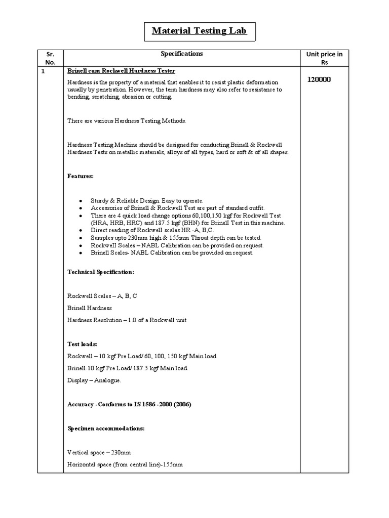 Material Testing Lab: Sr. No. Specifications Unit Price in Rs | PDF ...