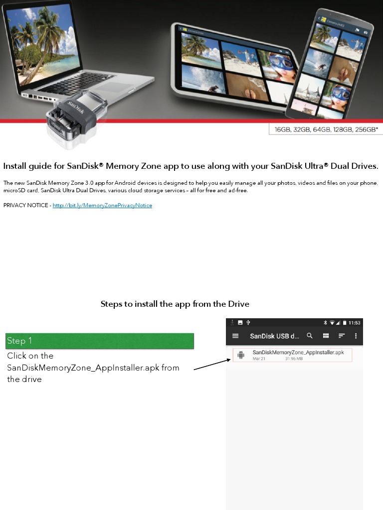 Install Guide For Sandisk® Memory Zone App To Use Along With Your Sandisk Ultra® Dual Drives | PDF