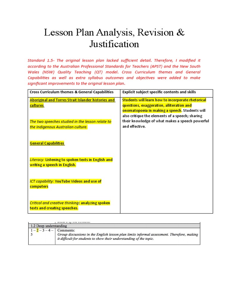 Lesson Plan Analysis, Revision & Justification | PDF
