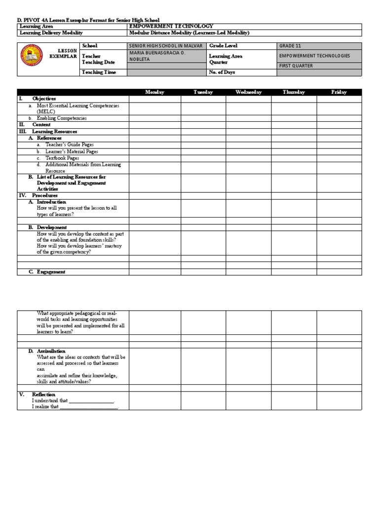 PIVOT 4A Lesson Exemplar Format For Senior High School | Download Free ...