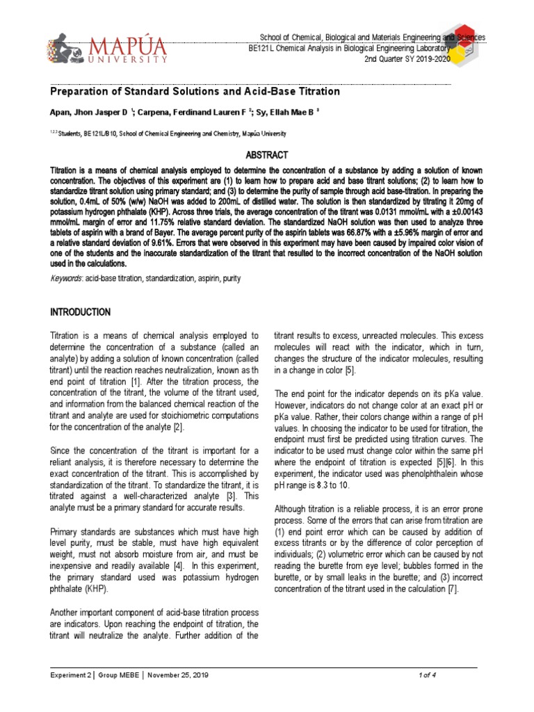 Preparation of Standard Solutions and Acid-Base Titration | PDF ...