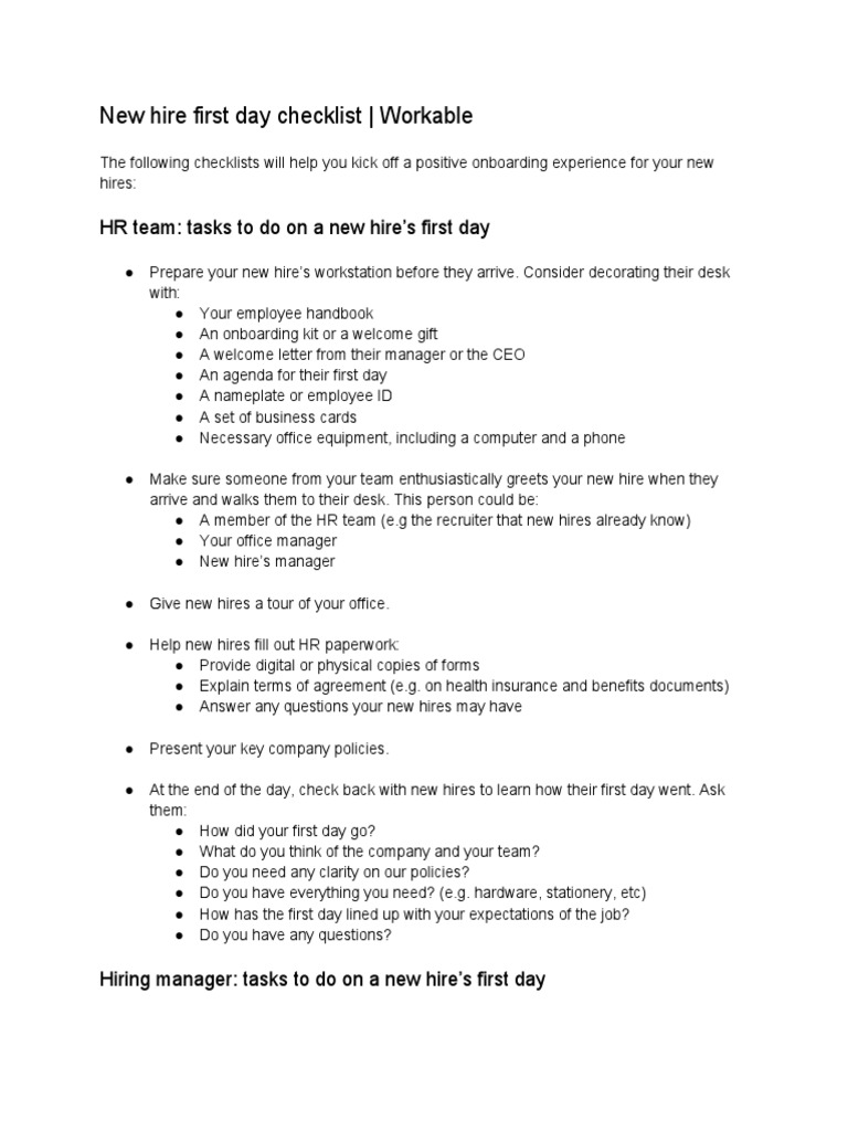 New Hire First Day Checklist | PDF | Communication | Business
