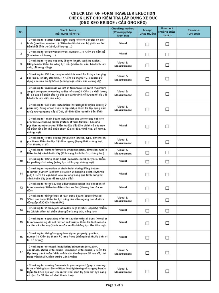 Check List Of Form Traveler Erection Check List Cho Kiểm Tra Lắp Dựng ...