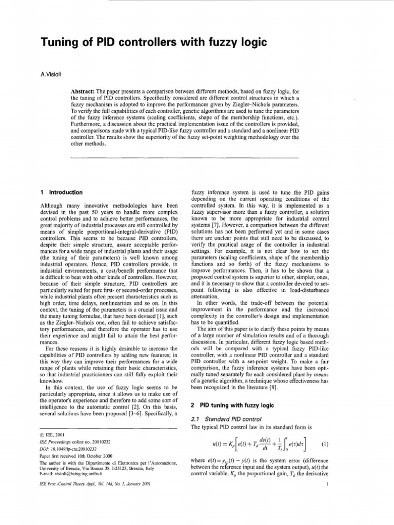 Tuning of PID Controllers With Fuzzy Logic: Abstract | PDF | Control Theory | Fuzzy Logic