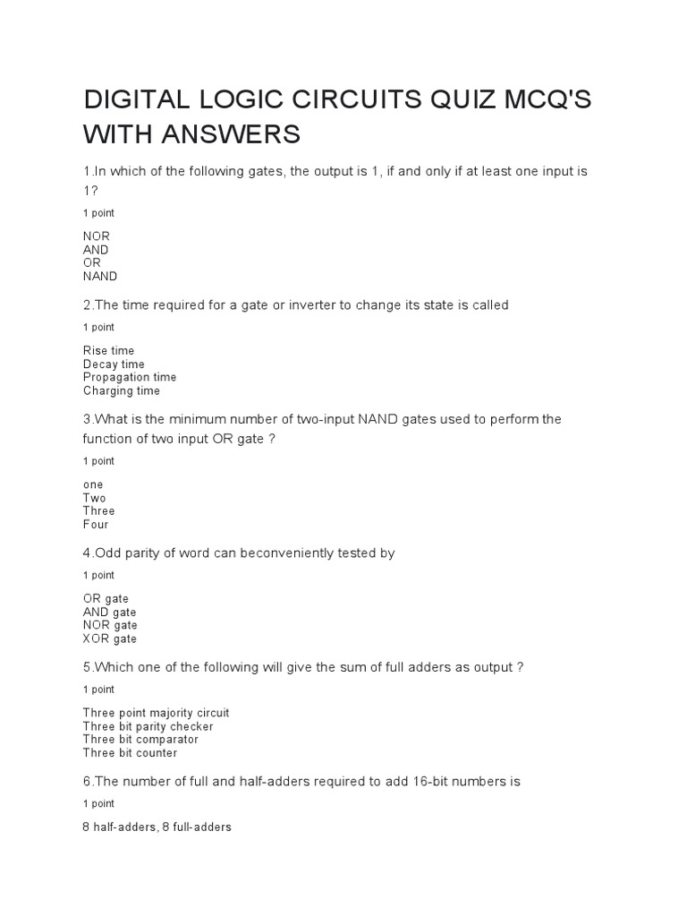 Digital Logic Circuits Quiz MCQ | PDF