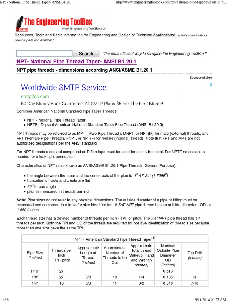 NPT - National Pipe Thread Taper - ANSI B1.20 | PDF | Pipe (Fluid ...