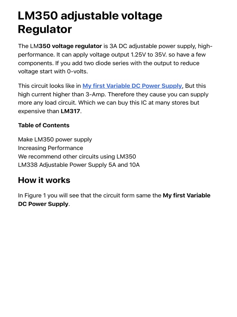 LM350 Adjustable Voltage Regulator Guide | PDF | Power Supply | Capacitor
