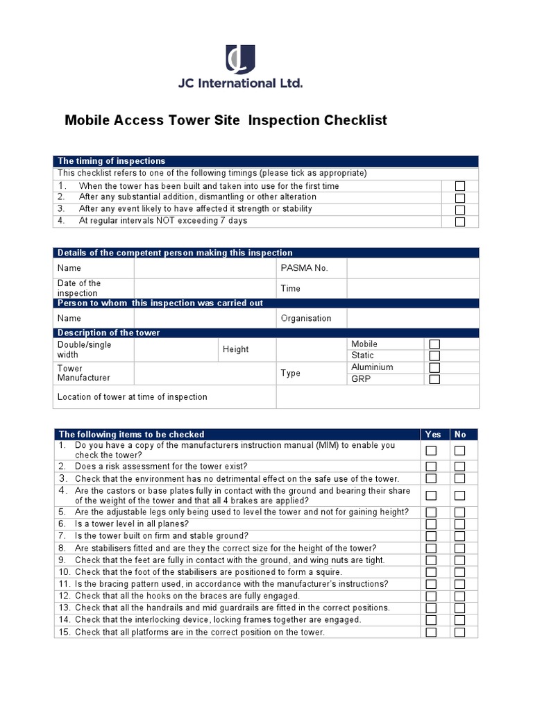Mobile Access Tower Inspection Checklist | PDF